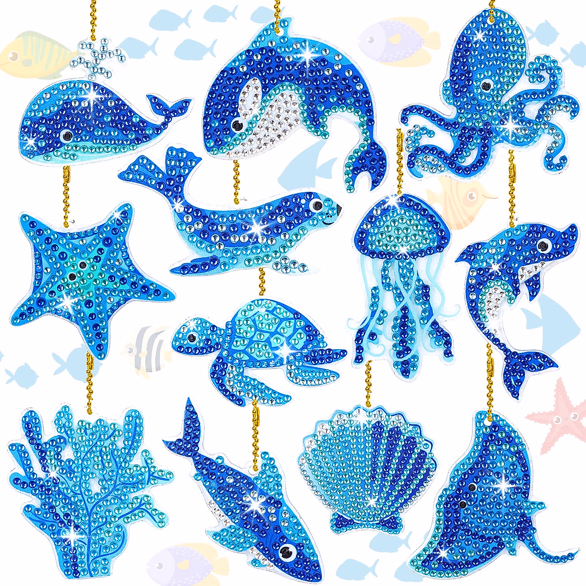 Whaline 12Pcs Summer Diamond Drawing Keychain Kit Ocean Fish Theme DIY Diamond Drawing Pendant Under The Sea Rhinestone Mosaic Making Full Drill Diamond Keychain for Crafts Gift