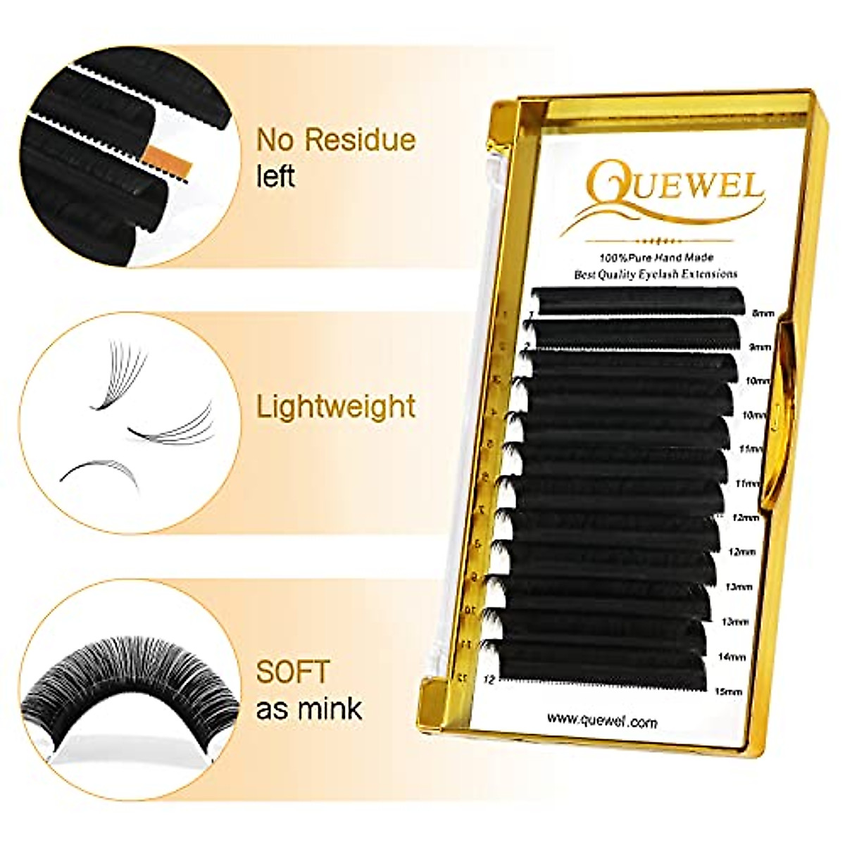 QUEWEL Volume Eyelash Extensions | 0.03-0.12mm | C/CC/D/DD Curl | 8-25mm Length | Easy Fan 2D-20D Self Fanning Volume Lashes 0.07D Mix-8-15mm Long Lasting Blooming Lashes(0.07D Mix8-15)