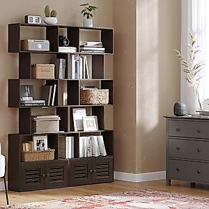 DINZI LVJ 6-Tier Bookshelf, S-Shaped Geometric Bookcase, Book Shelf with Cabinet, Display Shelf with Door, Freestanding Decorative Storage Shelving for Living Room, Home Office, Espresso