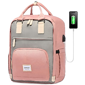LOVEVOOK School Backpack for Women Cute College Backpack Waterproof Laptop Bookbag with USB Charging Port Vintage Bag 15.6 inch,Pink