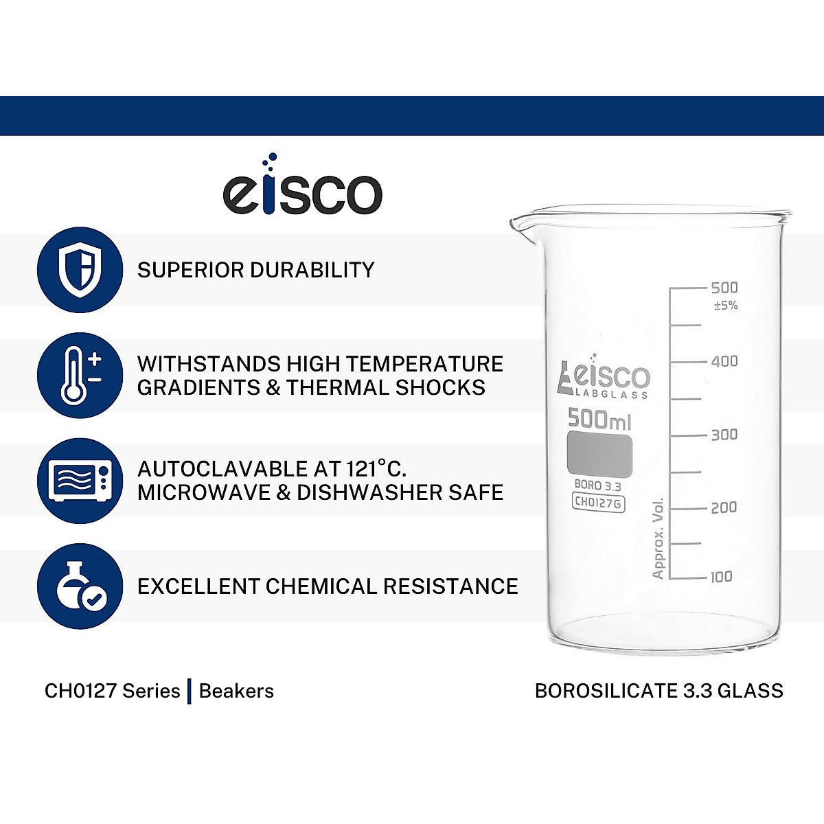 EISCO Beaker, 25ml - Tall Form with Spout - White, 2.5ml Graduations - Borosilicate 3.3 Glass