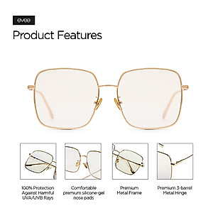 EVEE Square Oversized Anti-Blue Light Glasses For Women with Flat Lenses and Metal Frame - Gold Oversized Square Sunglasses - (Kelly)