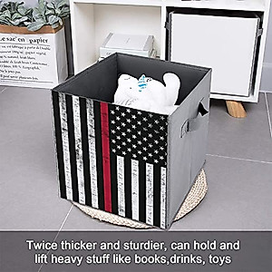 US Firefighter Support Flag Storage Bins Cubes Foldable Fabric Organizers with Handles Clothes Bag Book Box Toys Basket for Shelves Closet 10.6"
