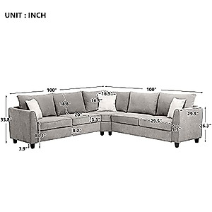 Melpomene 100"x100" inches Oversized Fabric Grey Sectional Sofa Couch L Shape Corner Couch for Living Room/Home/Company 3 Pillows Included