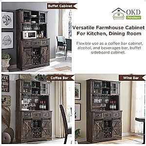 OKD Farmhouse Bar Cabinet with Sliding Barn Door, 72" Rustic Buffet with Hutch with Wine and Glasses Rack, 3 Drawers, Storage Shelves, Sideboard Cupboard for Kitchen, Dining Room, Dark Rustic Oak