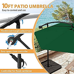 Greesum Offset Umbrella 10FT Cantilever Patio Hanging Umbrella Outdoor Market Umbrella with Crank and Cross Base (Dark Green)