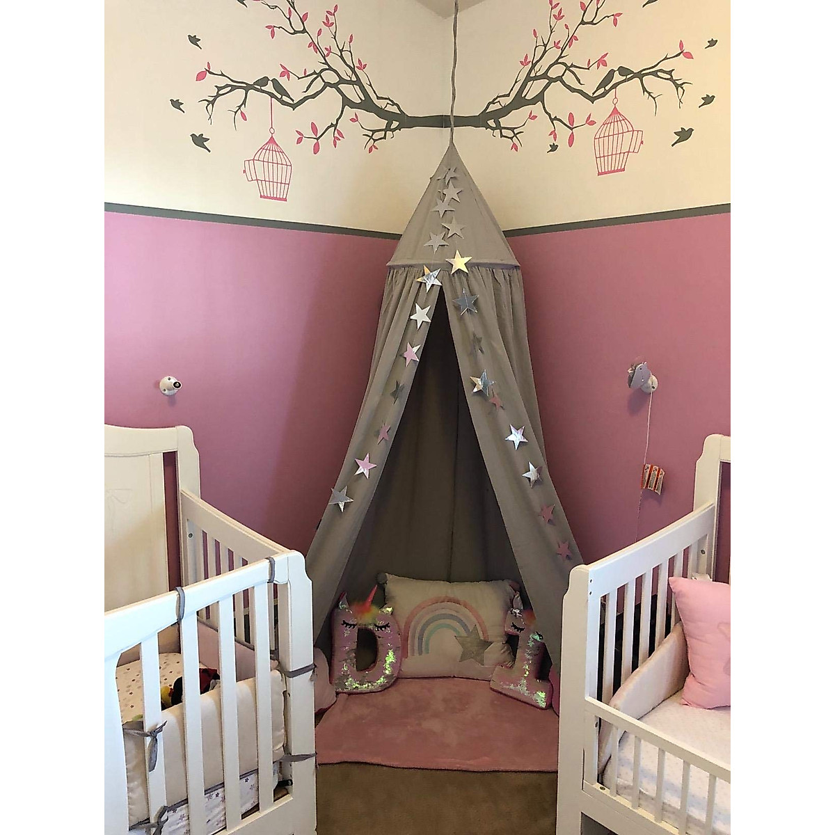 Edith qi Kids Baby Bed Canopy, Girls Boys Bedding Round Dome Children Princess Castle Play Tent Cotton Net, Indoor Outdoor Castle Hanging House Decoration Nursery Reading Nook Cotton Canvas