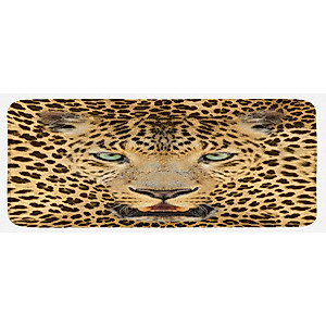 Ambesonne Leopard Kitchen Mat, Predator Animal with Spotty Skin and Angry Expression Wild Fauna, Plush Decorative Kitchen Mat with Non Slip Backing, 47" X 19", Yellow Brown