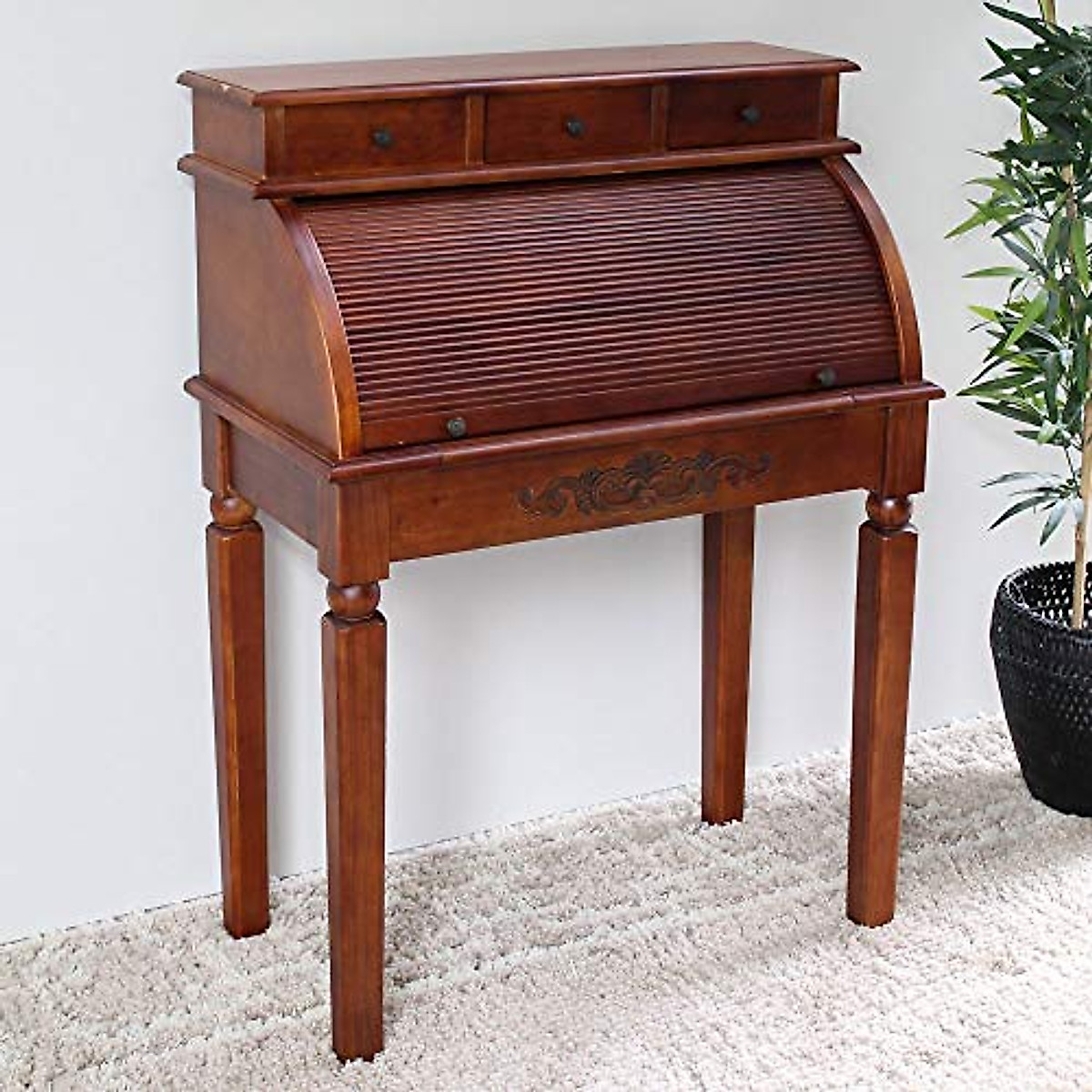 International Caravan Furniture Piece Carved Wood Roll Top Desk