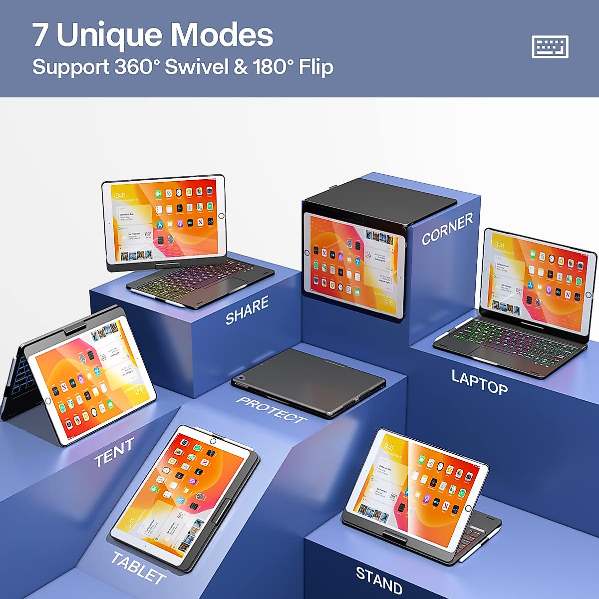 NOKBABO iPad 9th Generation Case with Keyboard 360° Rotatable Touchpad and 7 Color Backlight & Pencil Holder for iPad 9th/8th/7th Gen 10.2 inch & iPad Air 3rd Gen/iPad Pro 10.5 inch - Black