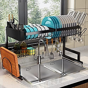 ilvvan Over Sink Dish Drying Rack (Expandable Height/Length) Snap-On Design Large Dish Drainer Stainless Steel Storage Counter Organizer (24" - 35.5"(L) x 12"(W) x 19" - 22"(H))