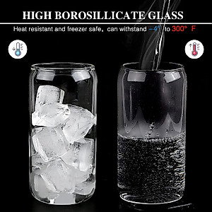 Transparent Glass Cups with Bamboo Lids and Glass Straw, 4pcs 16oz Can Shaped Glass Cups, Beer Glasses, Iced Coffee Glasses, Cute Tumbler Cup, Ideal for Cocktail, Whiskey, Bonus 2 Cleaning Brushes