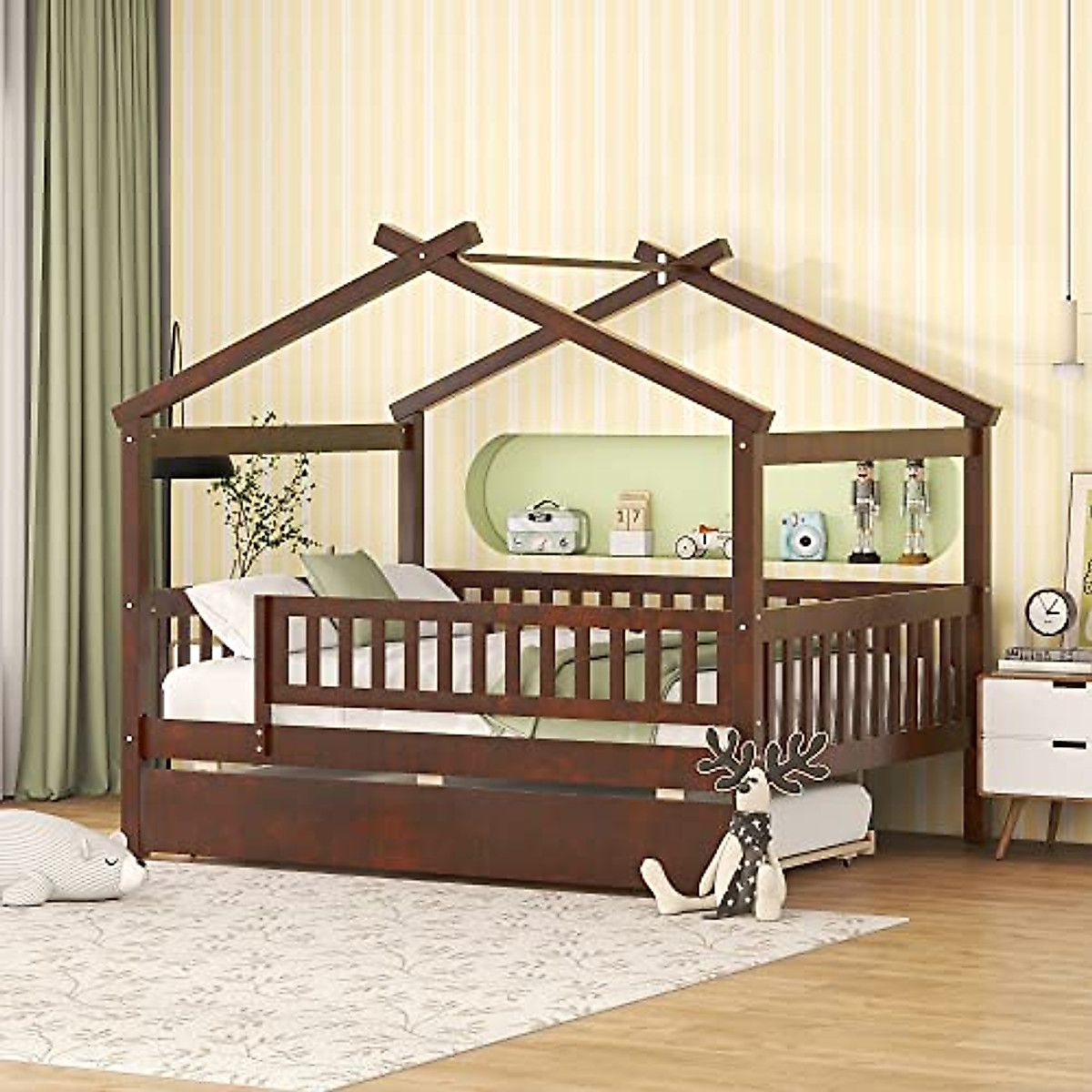 DHHU Daybed with Trundle, Full Size Wooden House Bed with Twin Size Trundle Bed, Wood Bed Frame with Roof and Safety Guardrail for Kids, Teens, Boys or Girls, No Box Spring Required