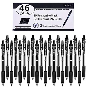 Black Gel Pens, 46 Pack(20 Gel Pens with 26 Refills) Lineon Retractable Medium Point Gel Pens Smooth Writing with Comfortable Grip for Office School