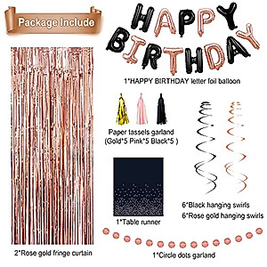 Black Rose Gold Birthday Decorations for Women Girl, Happy Birthday Party Decorations Supplies with Happy Birthday Banner, Table Runner for 1st 16th 21st 30th 40th 50th Girls Supplies