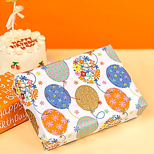 LeZakaa Reversible Birthday Wrapping Paper Roll - Flower Balloon & Happy Birthday Lettering - 17 inches x 32.8 Feet (46.45 sq.ft.)