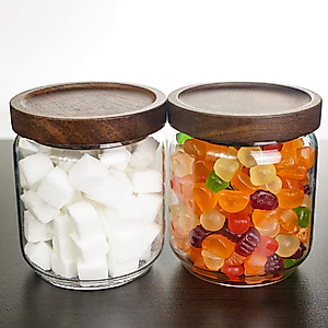 Yeahey Glass storage jars with wooden lids, food storage jars, glass kitchen jars, transparent containers for coffee bean storage, biscuit/candy/spice/tea/Pasta/Nuts storage jars (15oz*2)