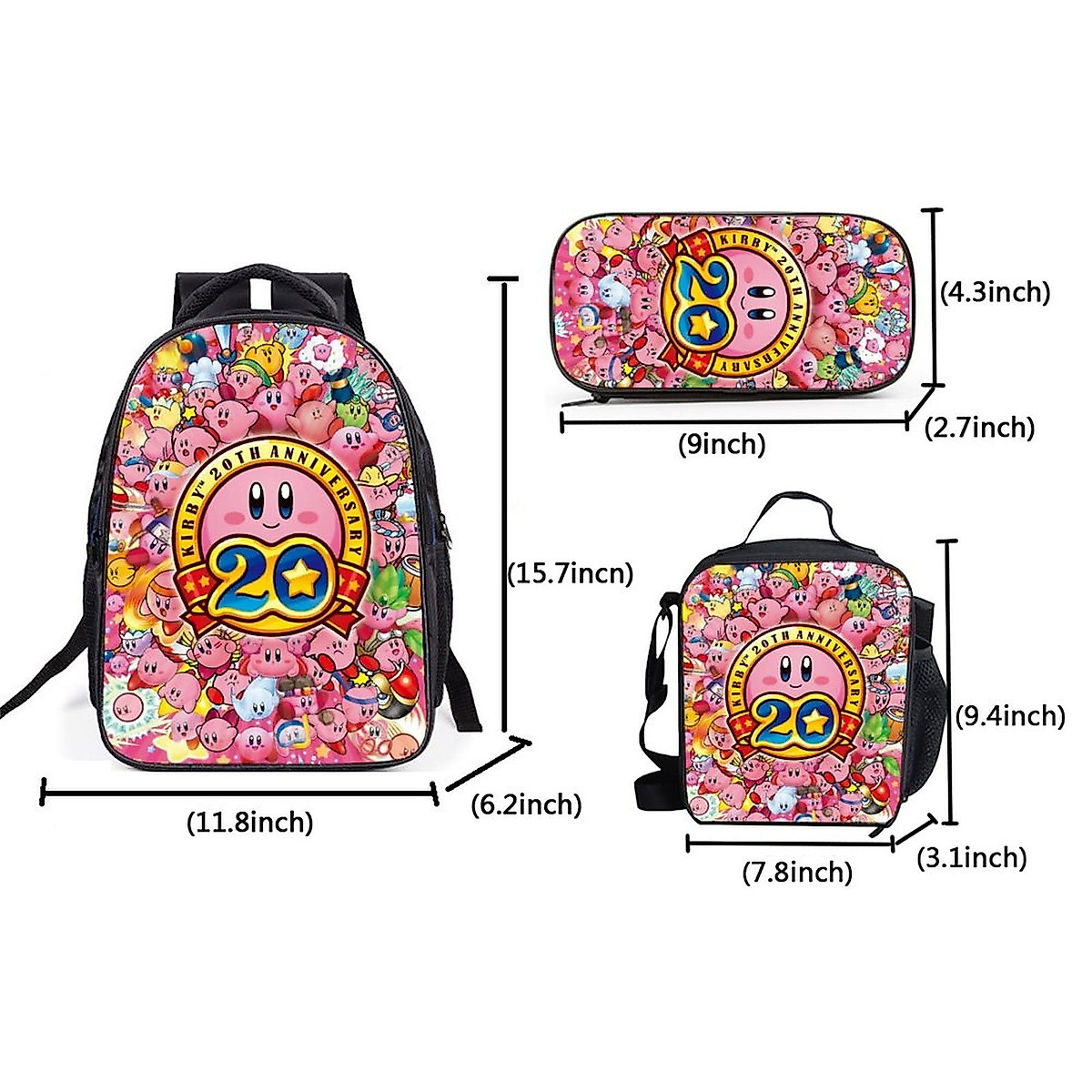 IKBAGVBK 3 Piece Kirby Game Kids Backpack Set,Kerbe Schoolbag and Lunch Bag & Pencil Case Set for Boys Girls school supplies Bookbag
