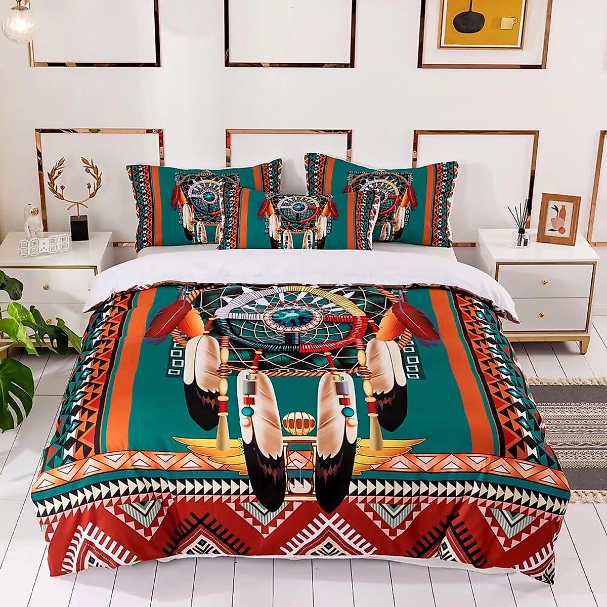 Purefair Colorful Dream Catcher Duvet Cover Set Queen, Boho Bohemian Style 3D Feathers Diamond Bedding Mandala Native American Ethnic Tribal 3PCS Soft Lightweight Quilt Cover Set(No Comforter)