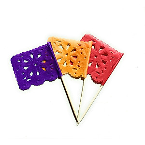 Set of 24 Pcs Multi-Colored Mini Mexican Paper Papel Picado Tissue Banner Flags Banderita s Fiesta Party Decorations Cupcake Topper Party Banderines Flower Design