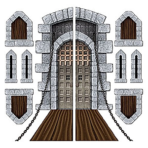 Medieval Party Decorations with Castle Decorations including Castle Door with Drawbridge, Windows, Stone Stairway, and Torch Props - For Birthday, Halloween, Medieval, Renaissance Knight Castle Party