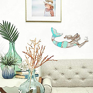 Beachcombers Tricolor Mermaid Sea Life Coastal Tropical Beach House Aqua Natural Distressed Wall Hanging Decor Plaque L18.5 x H8 x 0.25 Teal