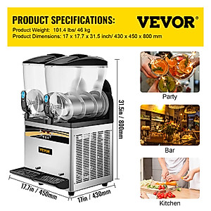 VEVOR Commercial Slushy Machine, 15Lx2/4 Galx2 Food-Grade PC Tank, 1000W 110V, Stainless Steel Margarita Smoothie Frozen Drink Maker, Slushie Machine for Supermarkets Cafes Restaurants Bars Home Use