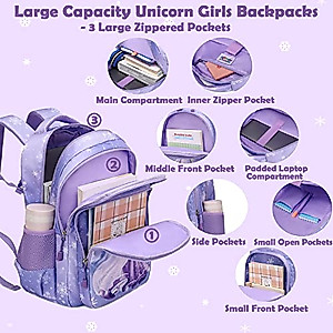 Princess Backpacks for Elementary School Girls, 3 in 1 Purple Schoolbag Set with Lunch Box Pencil Pouch Cute Bookbag with Chest Strap for Toddler Preschool Kindergarten Elementary Kids Girls
