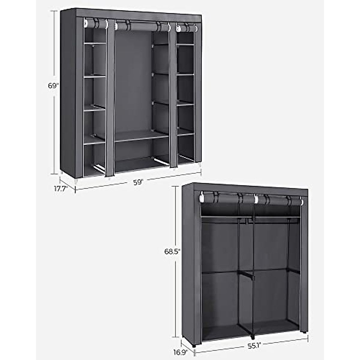 SONGMICS 59-Inch Portable Closet and 55-Inch Portable Closet Bundle, Pair of Roll-Up Wardrobes, Closet Storage Organizers, Easy Assembly, Gray ULSF03G and URYG02GY