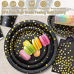 350PCS Black and Gold Party Decorations, 50 Guests 2023 Graduation Party Prom Decorations Gold Plastic Forks Knives Spoons Party Paper Plates Napkins Cups for Party Birthday New Year