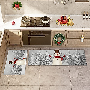 Queener Home Winter Christmas Tree and Snowman Kitchen Rugs and Mats Set of 2, Washable Floor Doormat Comfort Area Runner Rug Non-Slip Rubber Backing for Indoor Cartoon Pattern