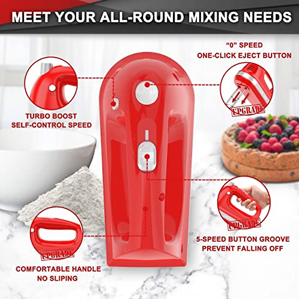 Lord Eagle Electric Hand Mixer Mini, 300W Power Handheld Mixer Kitchen for 5-Speed Baking Cake Egg Cream Food Beaters Whisk, with Snap-On Storage Case, Red