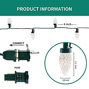 BOKING Christmas C7 Light String 50 LED White Outdoor Indoor Waterproof Strawberry Xmas Tree Decoration Plug in Extendable 34.5 Feet Used for Patio Party Holiday Courtyard Garden Home(Warm White)