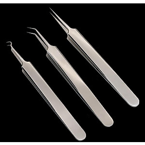 1Set(3PCS) Silver Professional Remove Blackheads Tweezers Set - Stainless Steel Straight/Slanted & Pointed Splinter/Bend Curved Blemish Extractor Tool for Acne Zit Cystic Blemish Whitehead Popping
