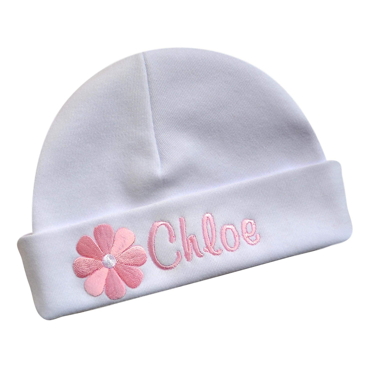 Personalized Embroidered Baby Girl Hat with Spring Daisy and Your Custom Name (White HAT/Light Pink Daisy)