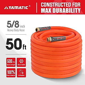 YAMATIC Heavy Duty Garden Hose 5/8 in x 50 ft with Swivel Fitting, Super Flexible Water Hose, All-weather, Lightweight, Burst 600 PSI