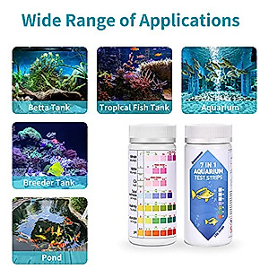 7-Way Aquarium Test Strips, 100 Strips Aquarium Testing Kit for Freshwater Saltwater, Fish Tank Pond Test Strips Testing pH, Alkalinity, Nitrite, Nitrate, Chlorine, Carbonate, Hardness