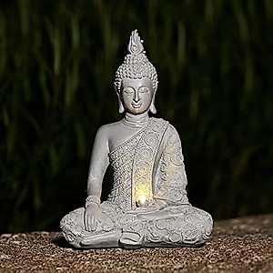 CHRUI Solar Outdoor Buddha Statue, 13 Inch Antique Thai Shakyamuni Sitting Statue Resin- Home & Outdoor Decor for Garden, Patio, Deck, Porch - Yard Art Decoration