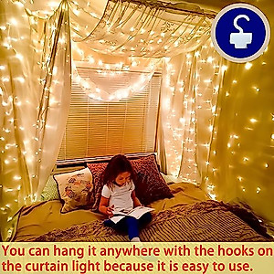 Eueasy 300 LED Curtain Lights, 9.8ft x 9.8ft Fairy Lights with 8 Modes, String Hanging Lights, Remote Control, Perfect for Indoor/Outdoor Christmas, Wedding, Party Wall Decorations (Warm White)