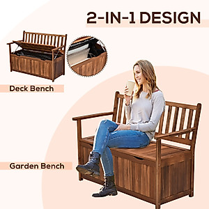 Outsunny 41 Gallon Outdoor Storage Bench, Wooden Deck Box with Inner Waterproof PE Lining, 2-Seat Container for Patio Garden Balcony Yard Store Garden Tools, Teak