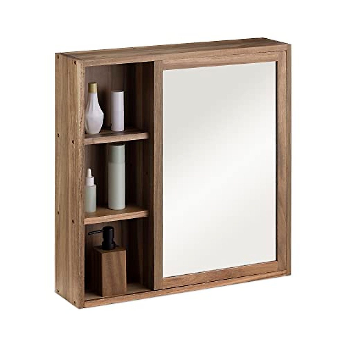 Navaris Wooden Bathroom Cabinet - Acacia Wood Cupboard with Mirror & Shelves - Wall Mounted Storage Unit for Bath Room or Restroom - 23.8"x23.6"x5.5"