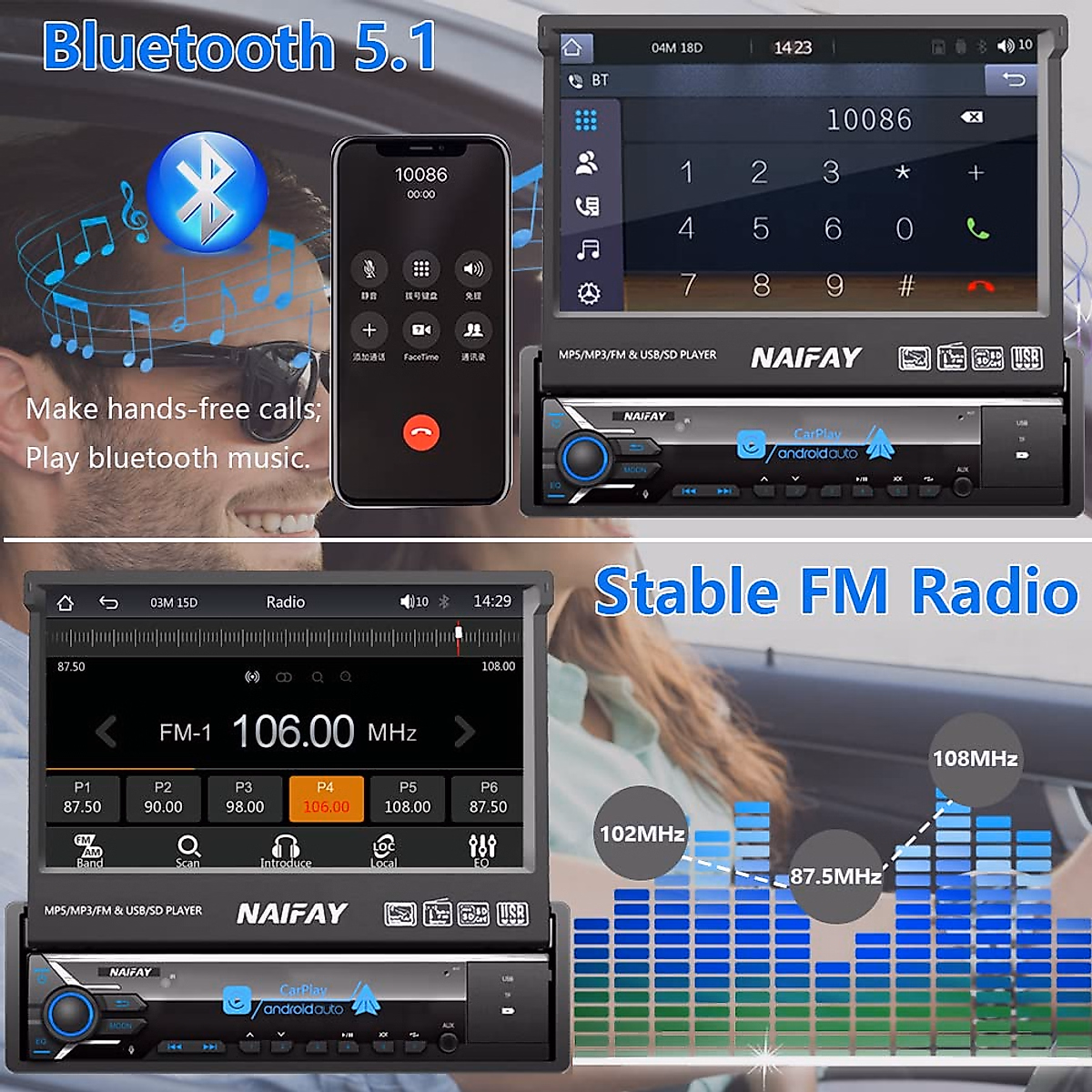Naifay Single Din Touchscreen Car Stereo with Carplay & Android Auto, 7inch Flip Out Screen Car Stereo with Bluetooth Car Audio Receivers, Backup Camera, FM Radio/Mirror Link/USB/AUX/TF/Subwoofer