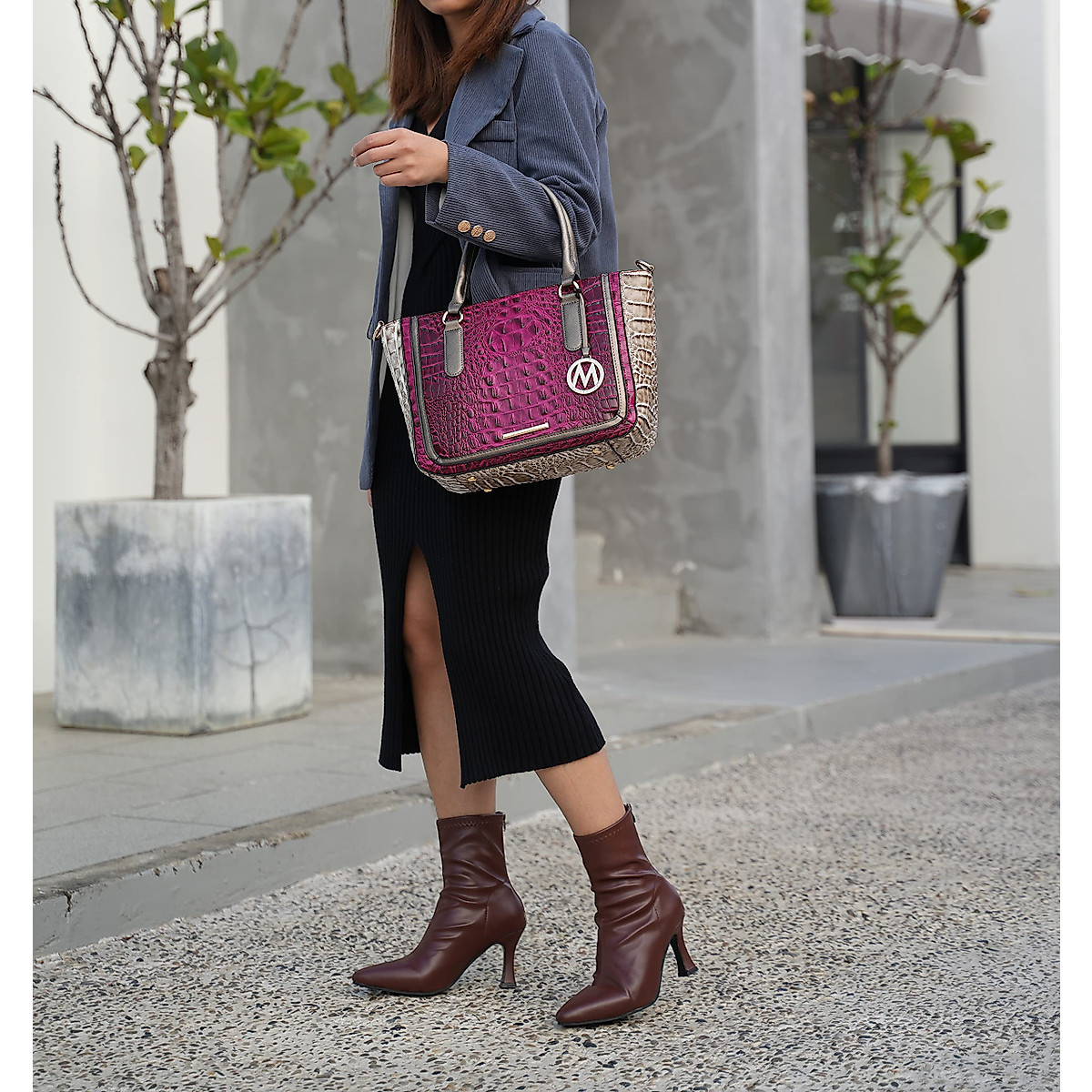 MKF Collection Satchel Bag for Women’s,Crocodile Embossed Vegan leather Crossbody Tote Handbag Top-Handle Purse Cognac Brown by Mia k