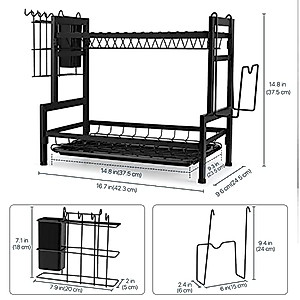 Flexzion 2 Tier Dish Drying Rack Drainboard Set, Kitchen Drying Rack Dish Drainer with Utensil Holder, Cup Hanger, Tray Plate Rack for Kitchen Countertop, Organizer, Storage Accessories, Black