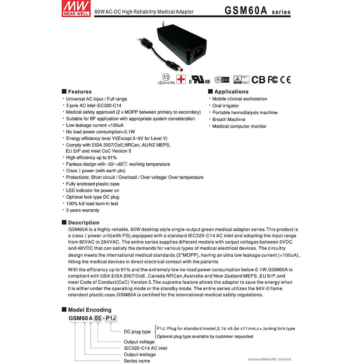 MEAN WELL MW Original GSM60A15-P1J 15V 4A 60W AC-DC Reliable Green Medical Adaptor