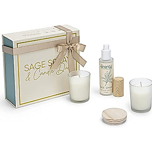 Sage Spray and Soy Wax Candles Set. Sage Spray for Cleansing Negative Energy & Smudging Kit with Soy Wax Candles - Ideal for Meditation, Therapy, Reiki. Spiritual Gifts for Women.