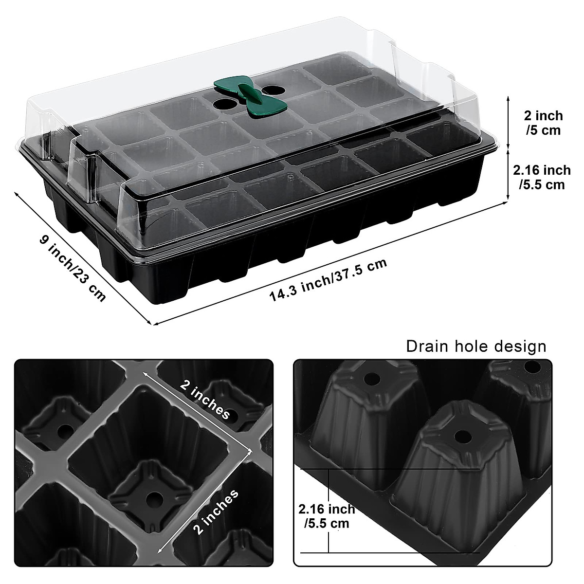 Elcoho 8 Pack 192 Cells Seed Starter Tray Kit Seedling Tray Propagator Plant Grow Tray with Humidity Dome and Base Plastic Planter for Greenhouse Germination Starter, 24 Cells per Tray, Black