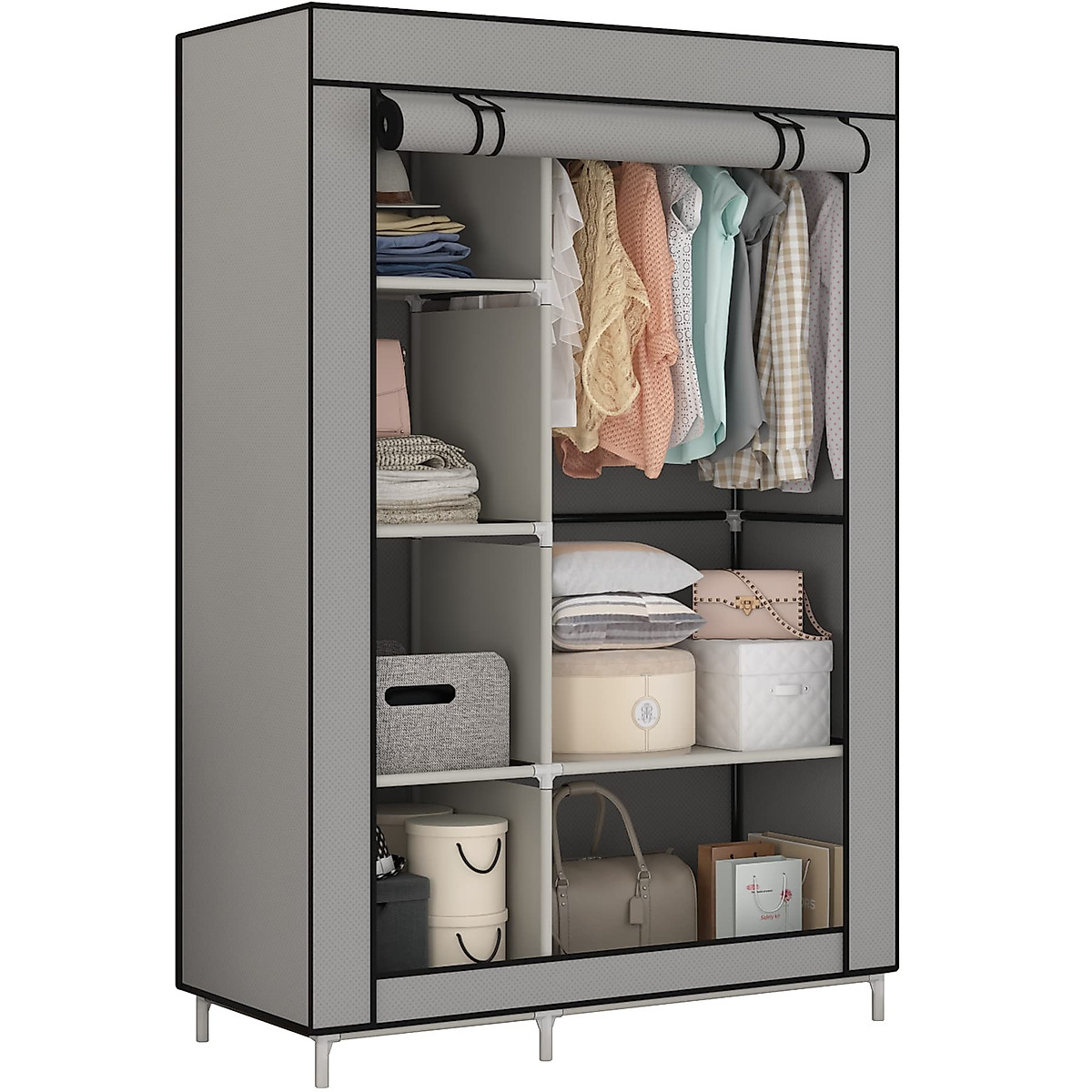 Calmootey Closet Storage Organizer,Portable Wardrobe with 6 Shelves and Clothes Rod,Non-Woven Fabric Cover with 4 Side Pockets,Grey