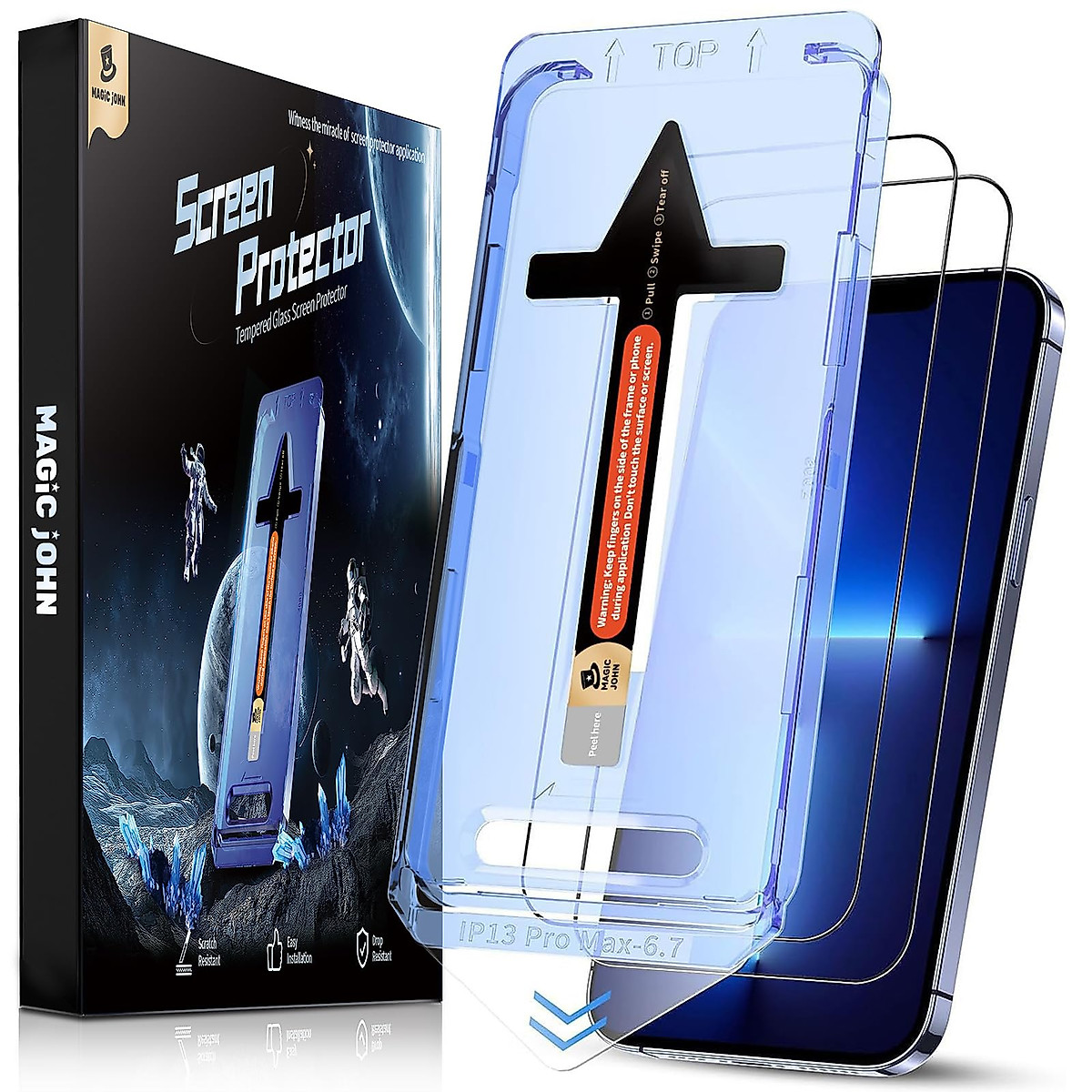 MAGIC JOHN 2 Pack for iPhone 13 Pro Max/iPhone 14 Plus 6.7 inch Tempered Glass Screen Protector, Auto Dust-Elimination Installation, Bubble Free, HD Clear, Easy Installation