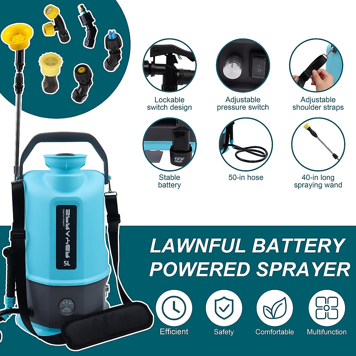 LAWNFUL 1.35 Gallon Battery Powered Sprayer for Long Time Spray (Double Battery)